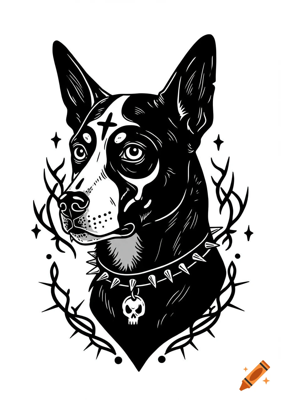 Black and white gothic dog illustration in tattoo flash style with ...
