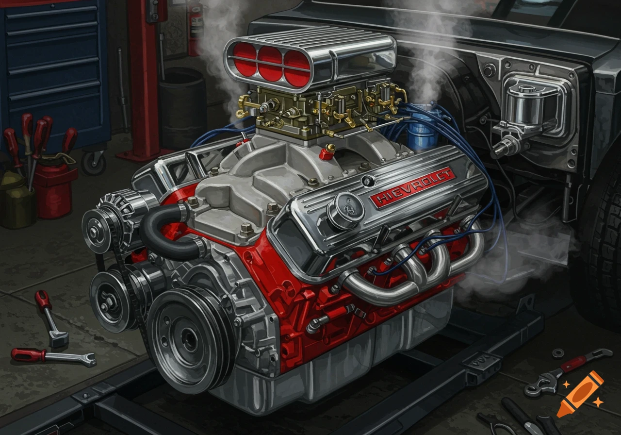 Detailed illustration of a big block car engine on a stand in a garage ...