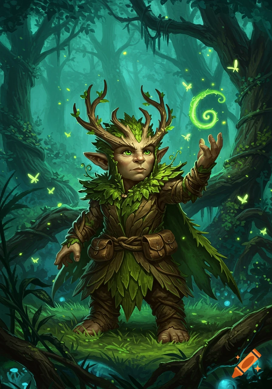 A detailed fantasy illustration of a druid gnome with green skin and ...