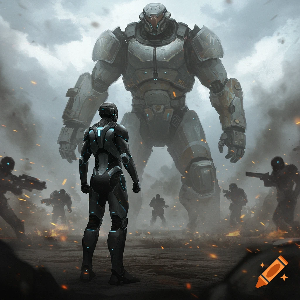 A futuristic gray and red robot stands next to a matching high-tech ...