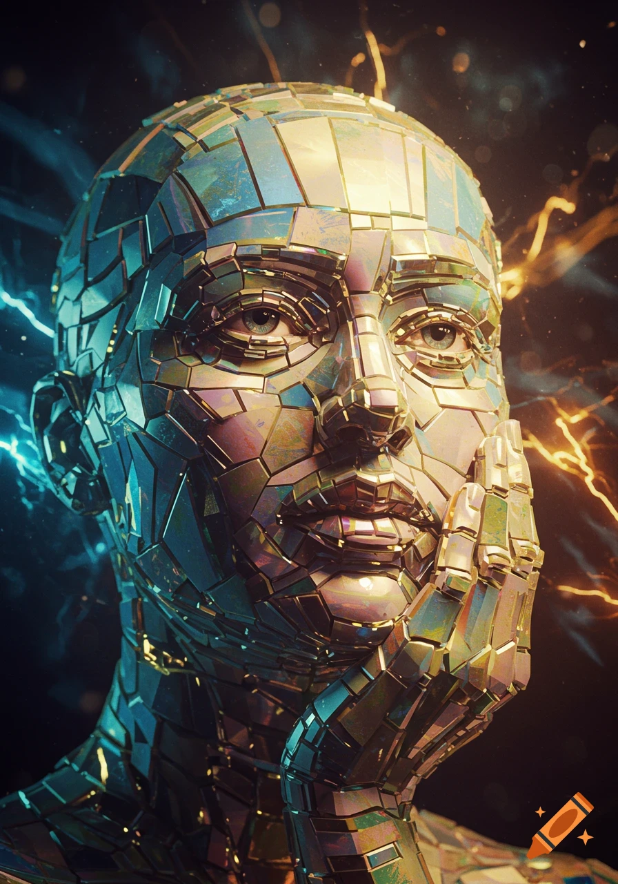 A stylized robot with a body composed of colorful Rubik's Cube-like ...