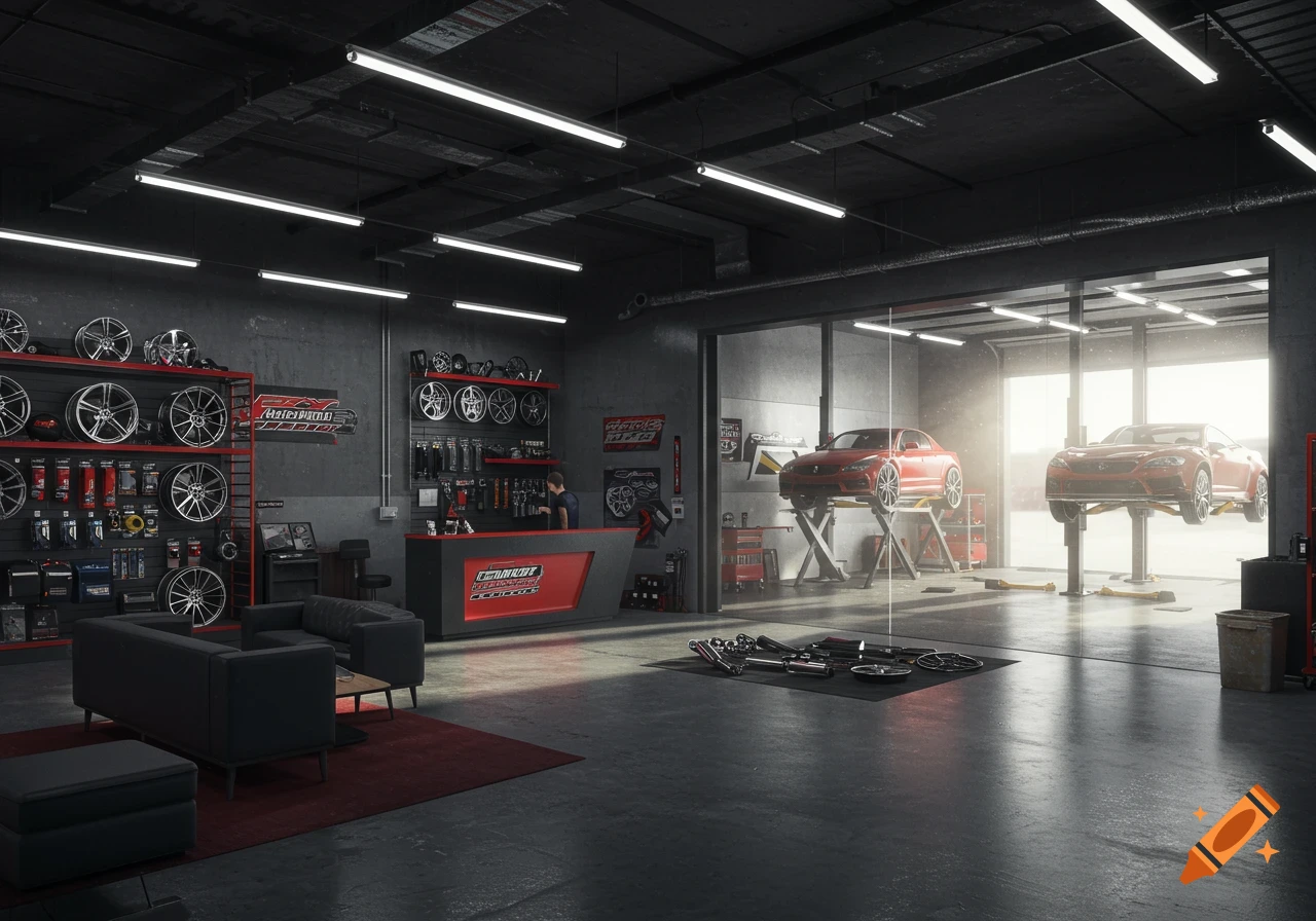 Photorealistic interior of a modern car modification shop with a retail ...