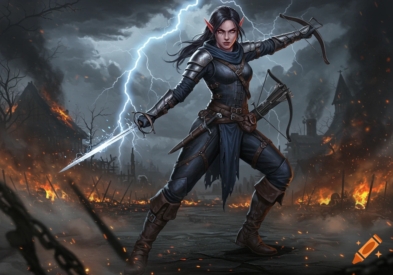 An elven female wizard in blue wraps and a black robe with runes ...