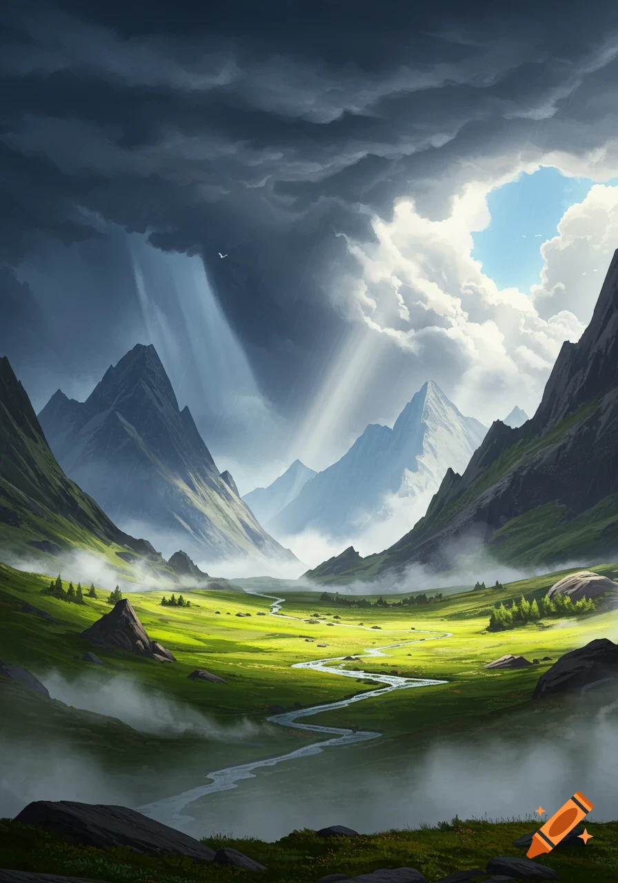 Dramatic sunset over a mountainous landscape with a small waterfall and ...