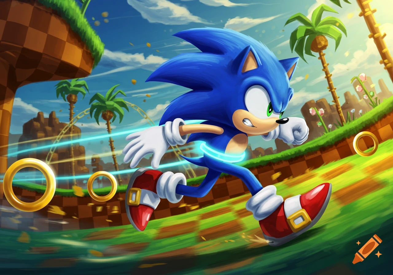 Sonic the Hedgehog running at super speed through the Green Hill Zone ...