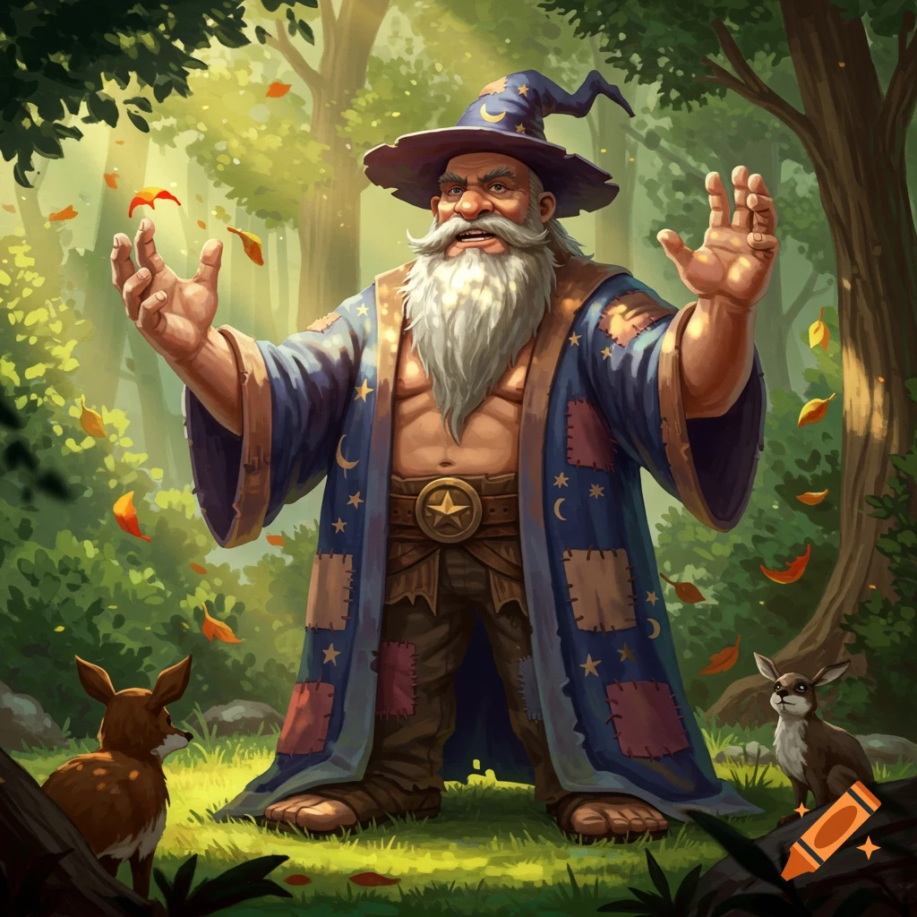 A wizard similar to Gandalf with a long white beard and red robe with a ...