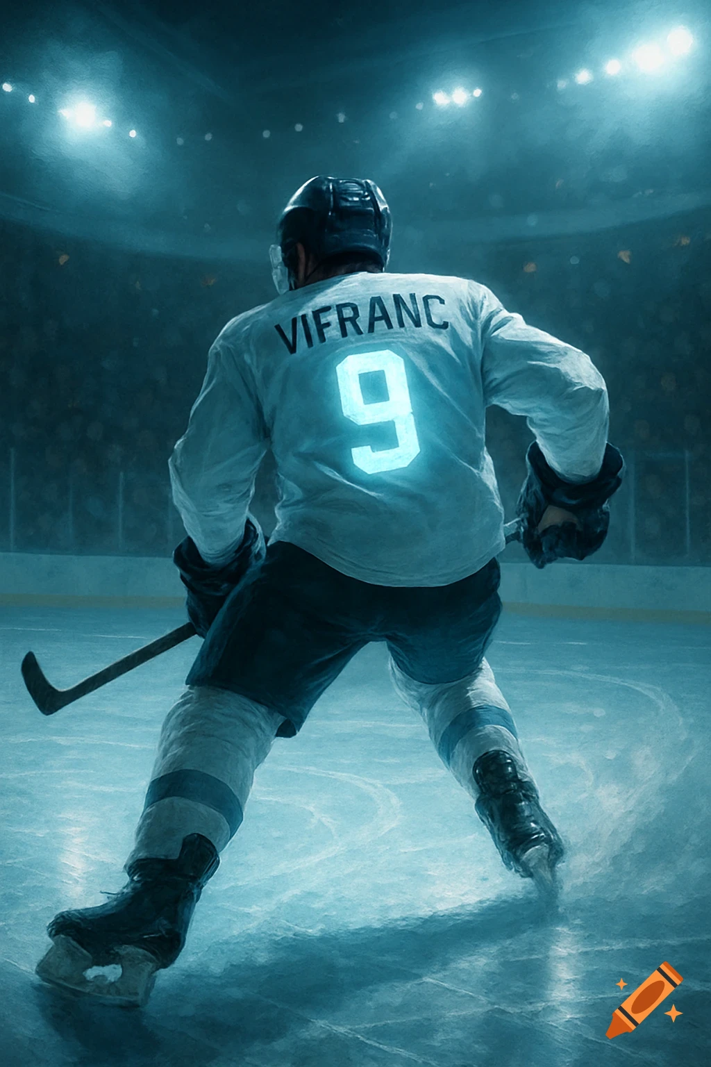 Photorealistic image of a hockey player, seen from behind, wearing a ...