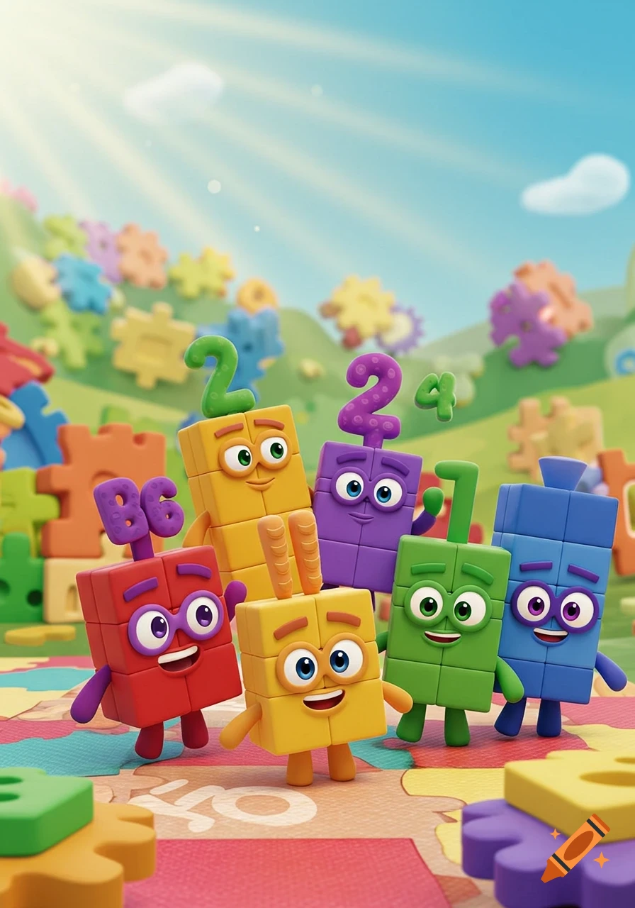 Five colorful, anthropomorphic block characters with letters and ...