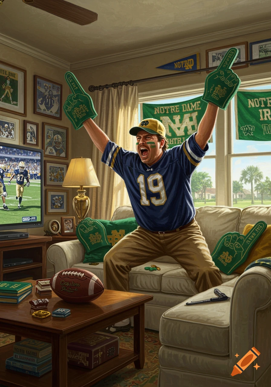 A cartoon man in a blue football jersey with the number 7 sits on a ...