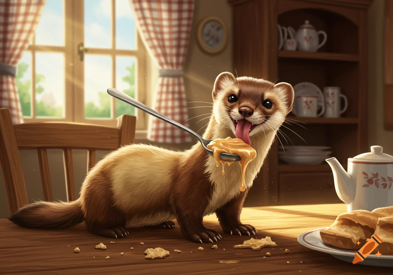 A black and white ferret crouches on a wooden floor, looking at a ...