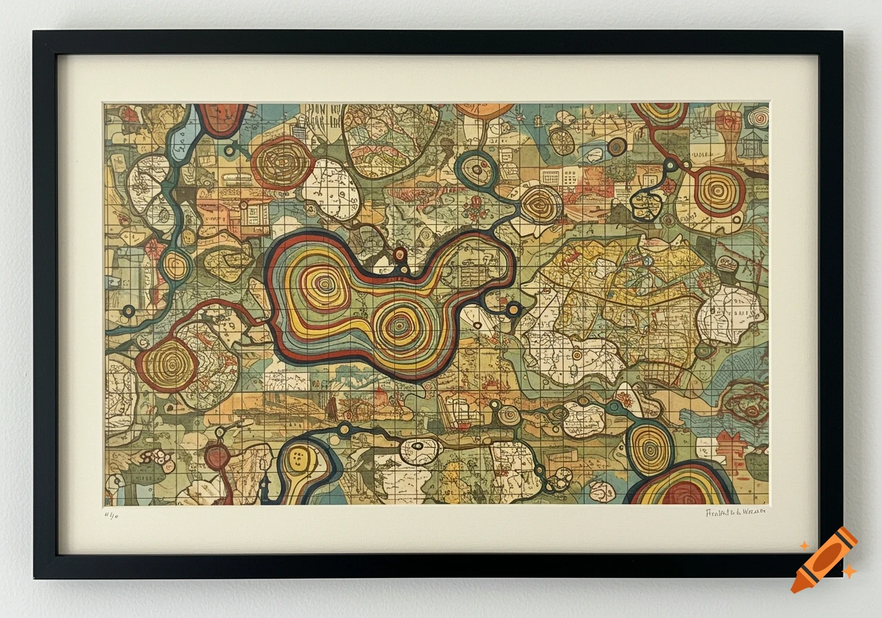 An abstract monoprint in a black frame with a cream mat, featuring ...