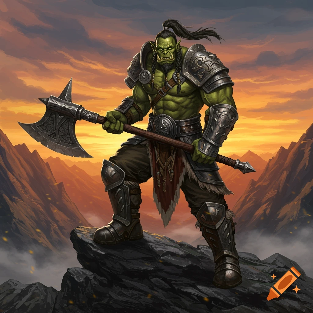 A muscular dark-skinned orc barbarian with an axe stands on a rocky hill against an orange ...