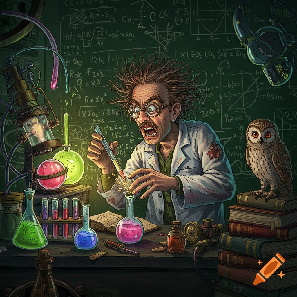 A grey cat wearing glasses and a white lab coat in a dimly lit ...