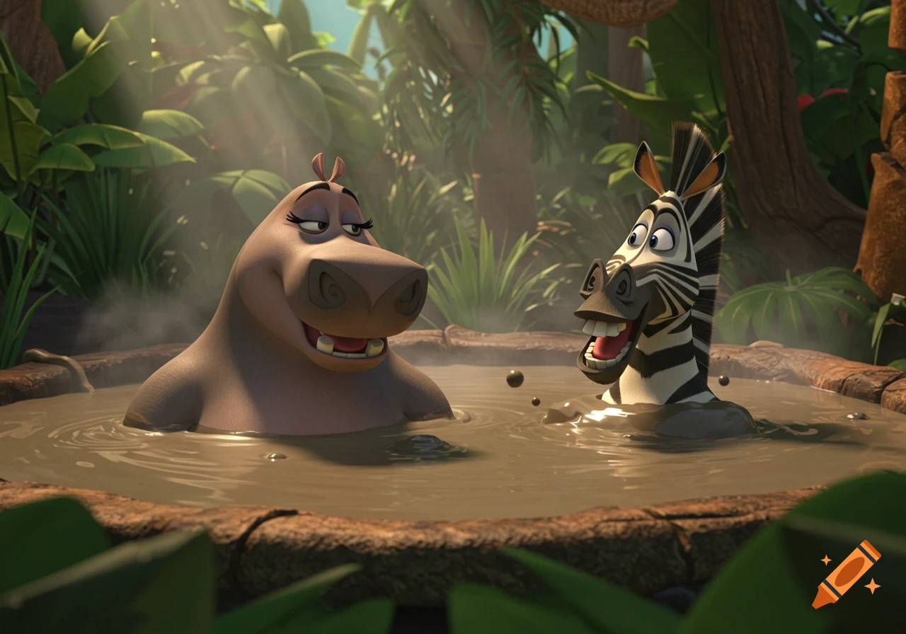 Gloria the hippo and Marty the zebra relaxing in a muddy hot tub in a ...