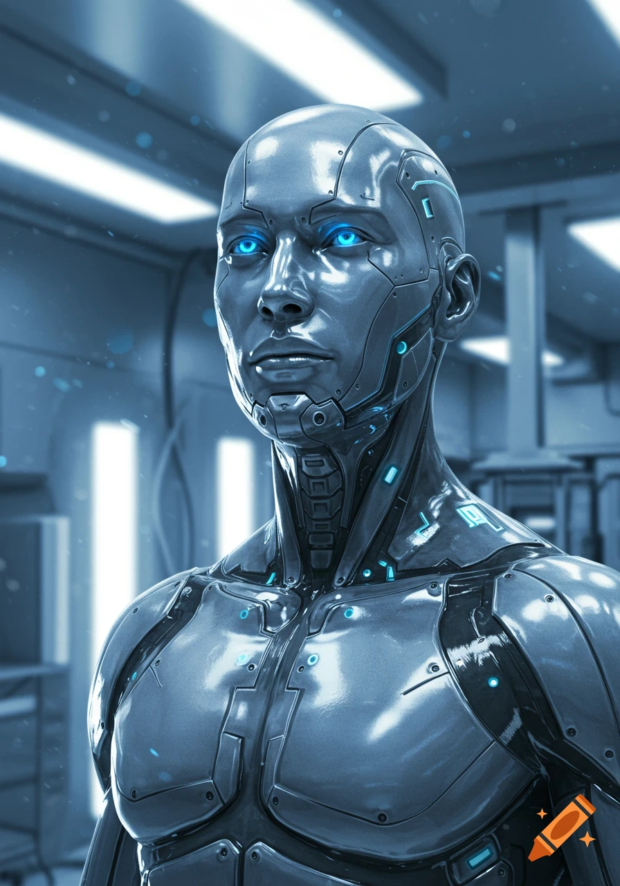 Close-up of a detailed, shiny chrome robot head with glowing blue eyes ...