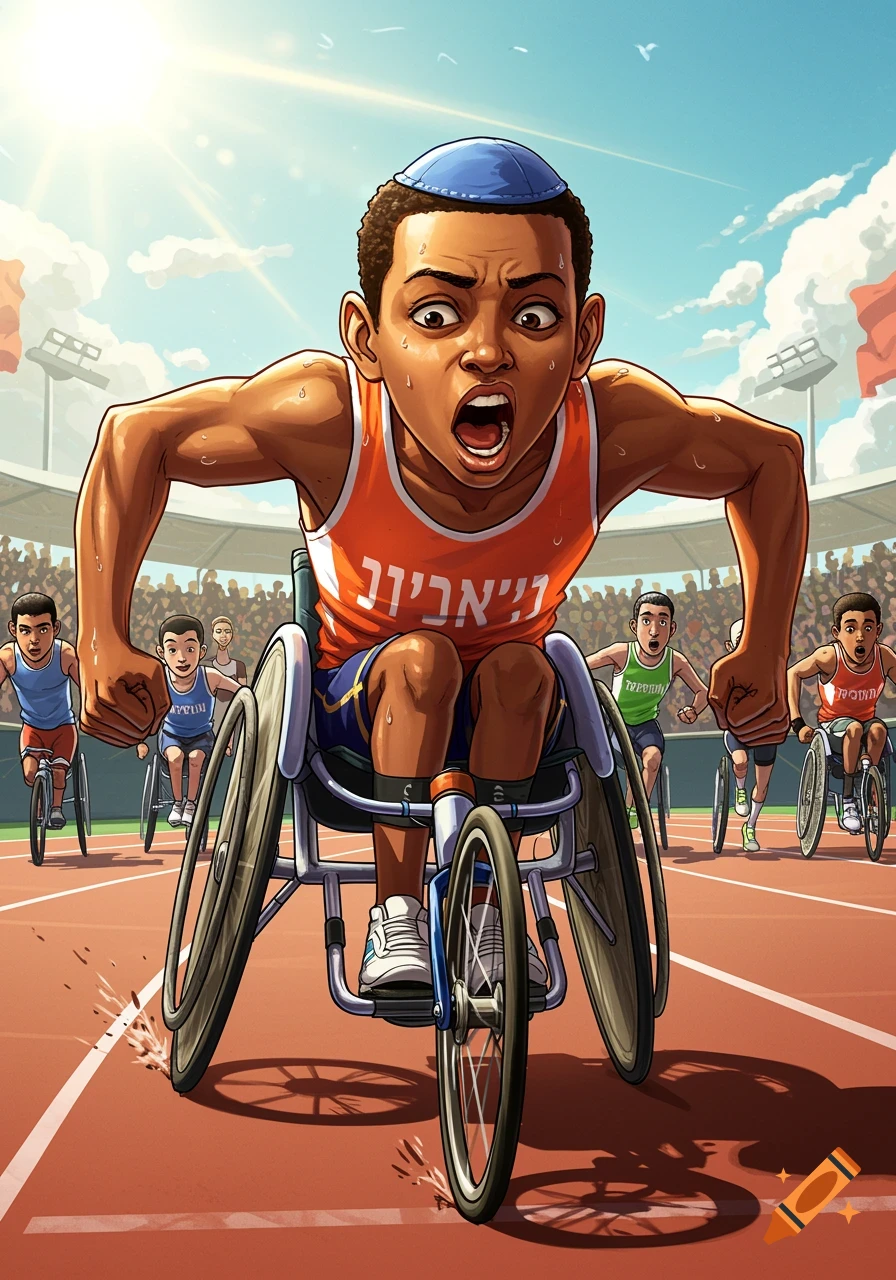 Cartoon runners compete intensely in a city street marathon under a ...