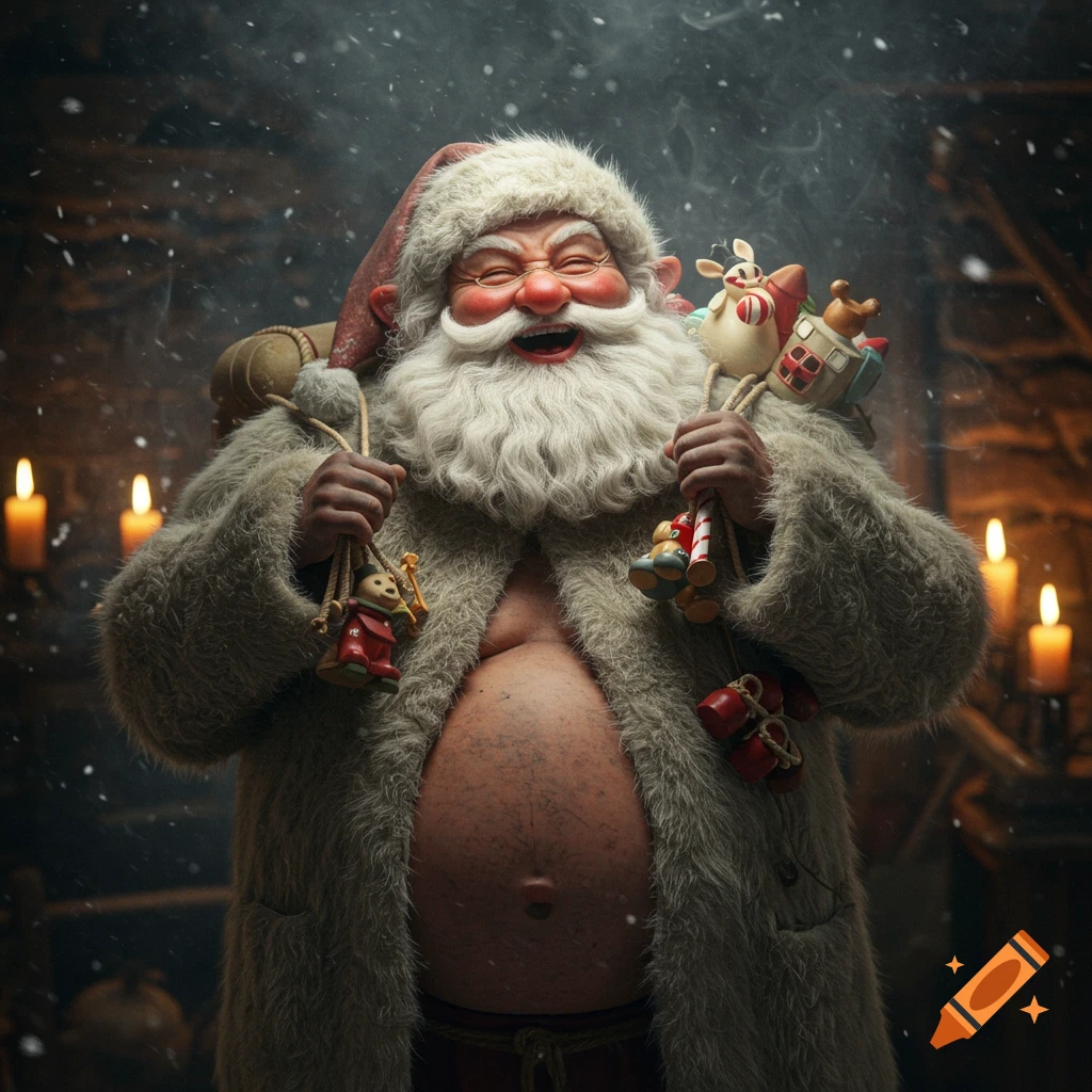 Painterly illustration of Santa and a boy on a snowy rooftop, the boy ...