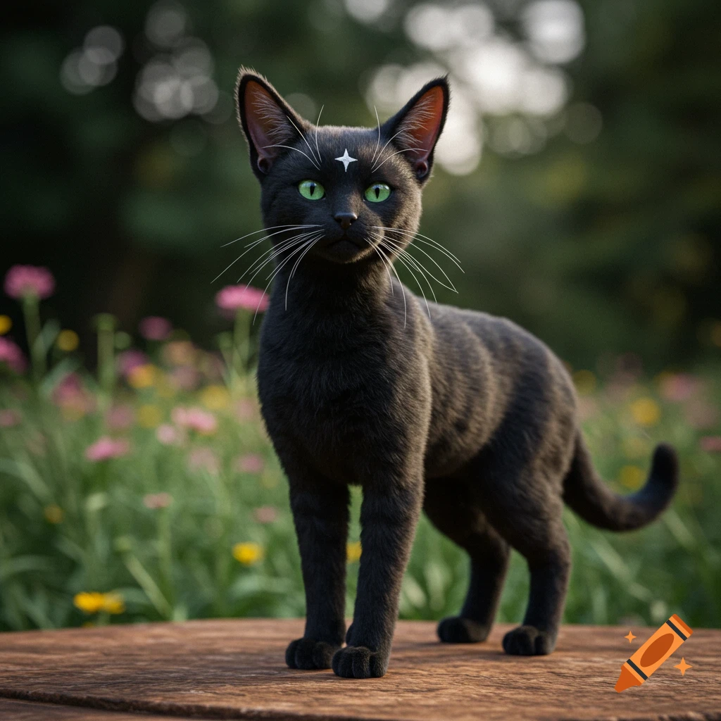 A photorealistic black cat with luminous green eyes and a white star on ...
