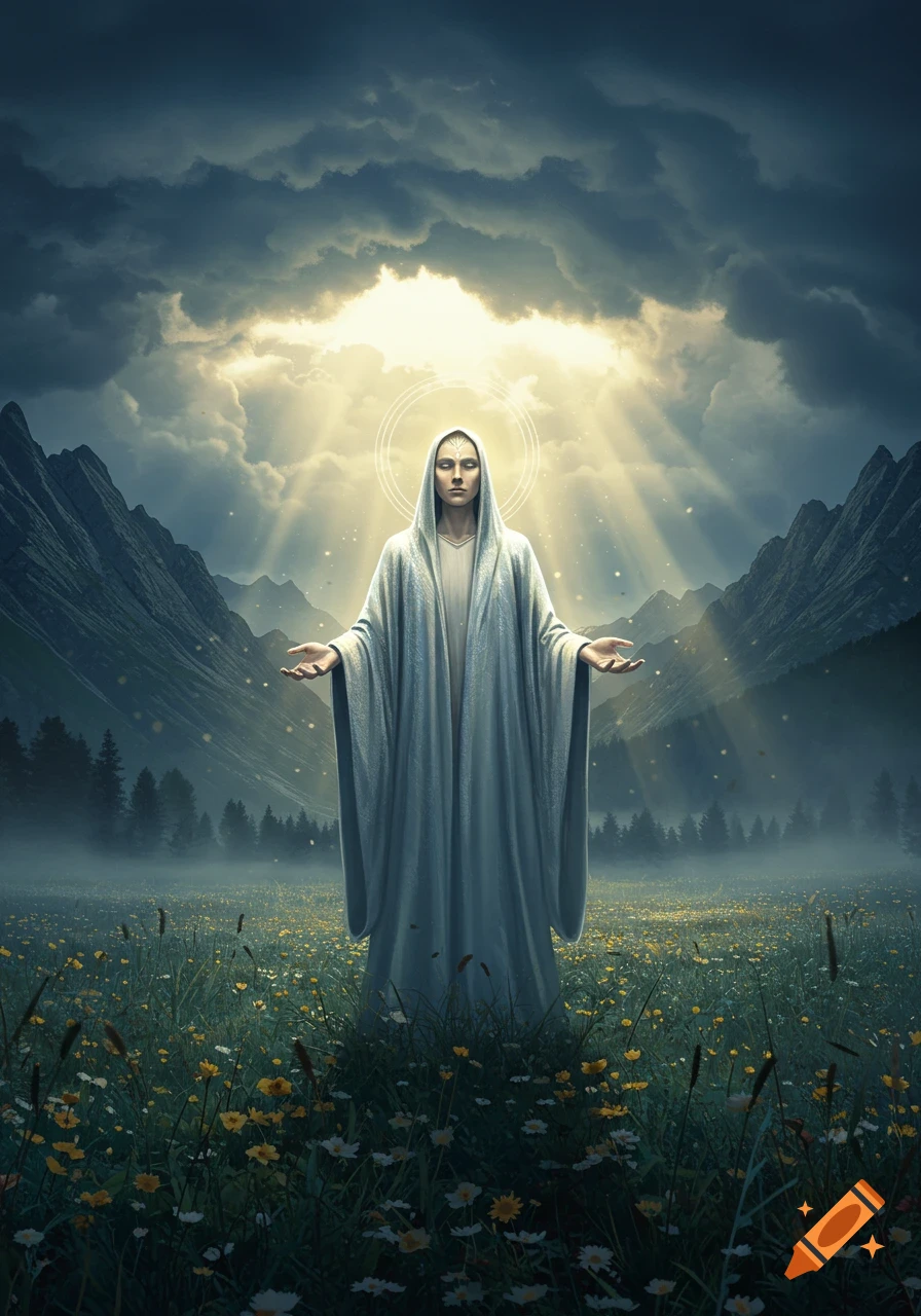 Jesus (or Jehovah) sits majestically on a golden, gem-encrusted throne ...