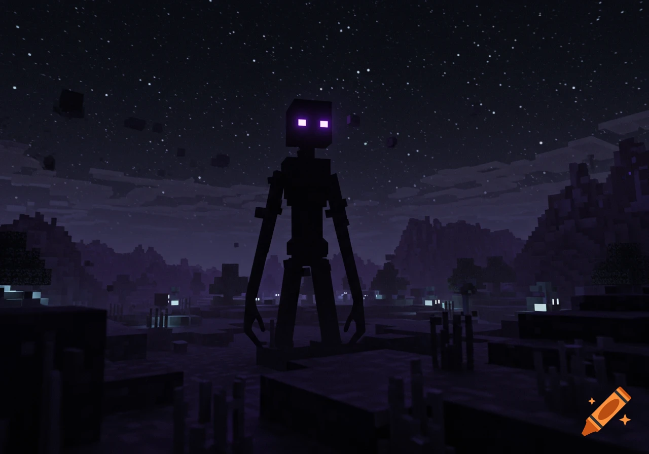 Two Endermen with glowing purple eyes stand in a pixelated Minecraft ...