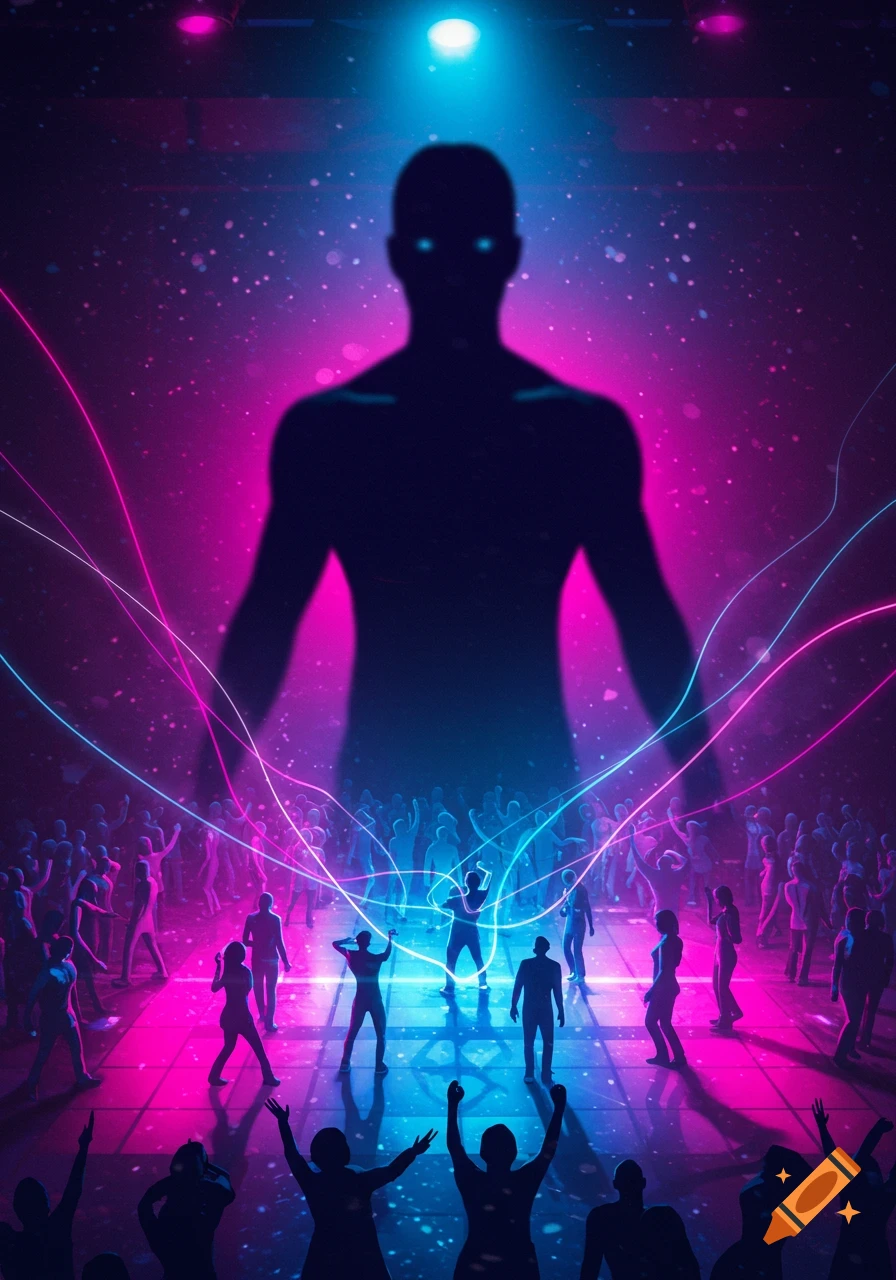 A silhouetted person stands in a dark room illuminated by purple ...