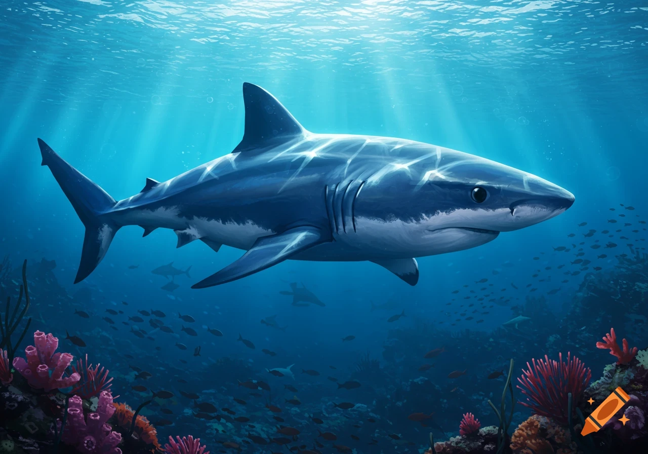 A gigantic prehistoric shark swims underwater with several whales ...