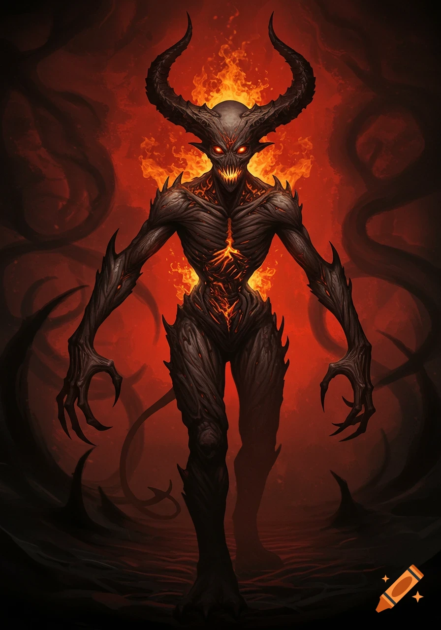 A dark, horned demon with glowing red eyes stands in a fiery volcanic ...