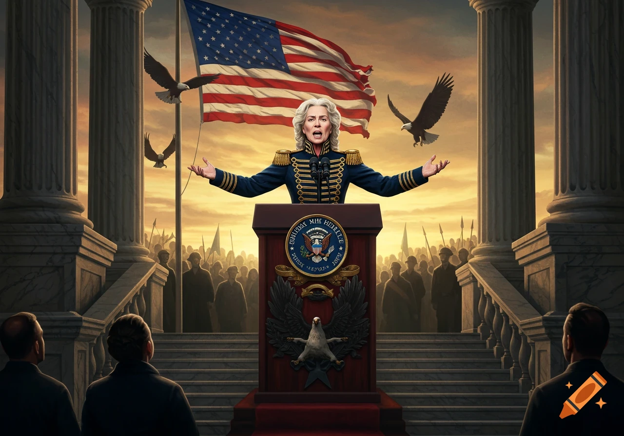 Donald Trump looks up at an angry god-like face in stormy clouds with ...