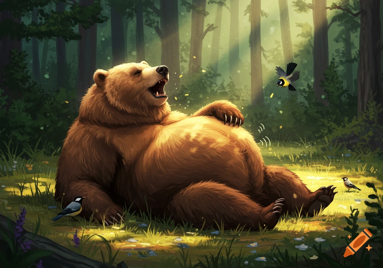 A happy cartoon polar bear in a forest holds a machine gun and steps on ...