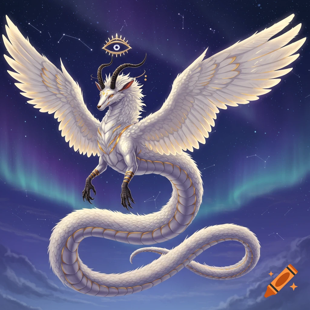 A majestic white winged serpent-dragon rises from calm ocean water ...