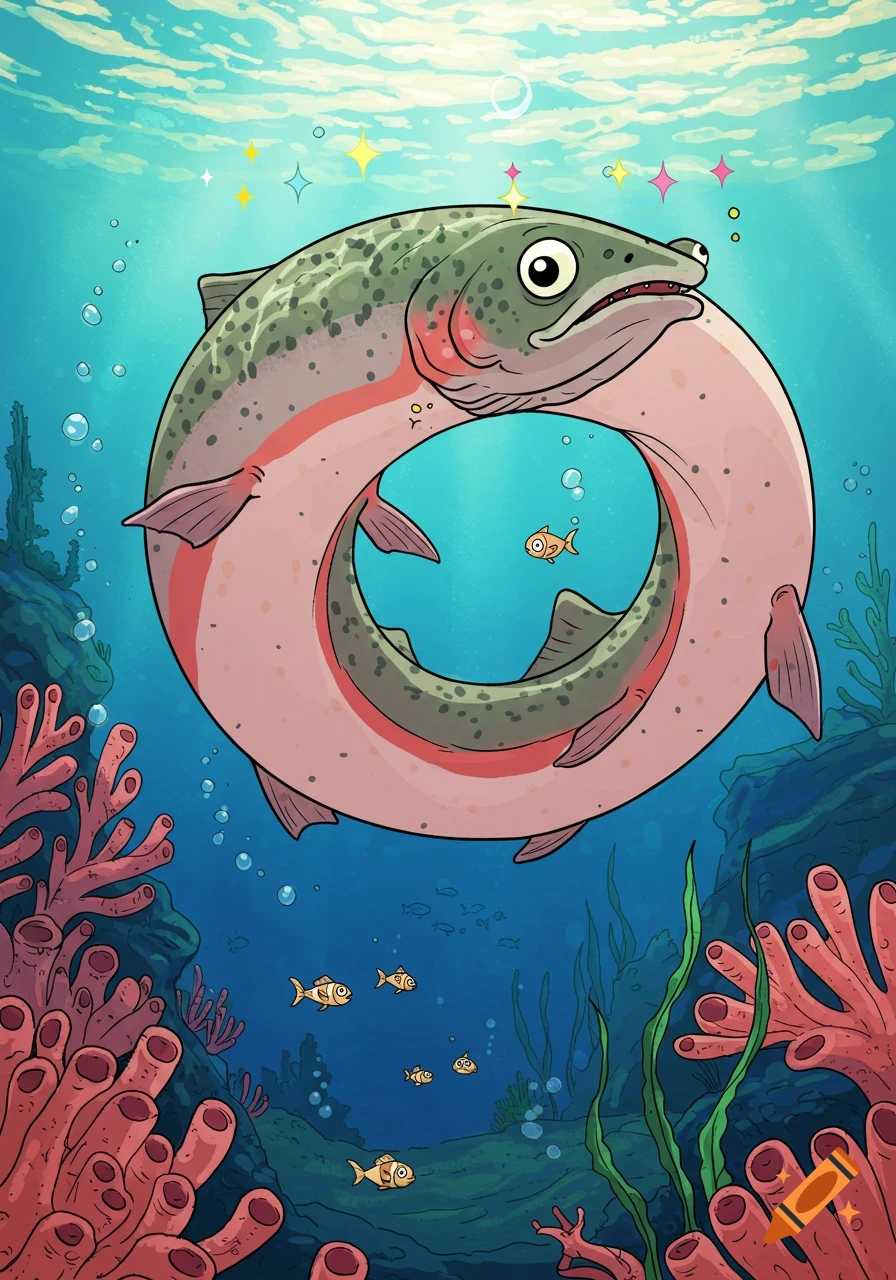 A confused, elongated cartoon salmon in a loop swims underwater amidst ...