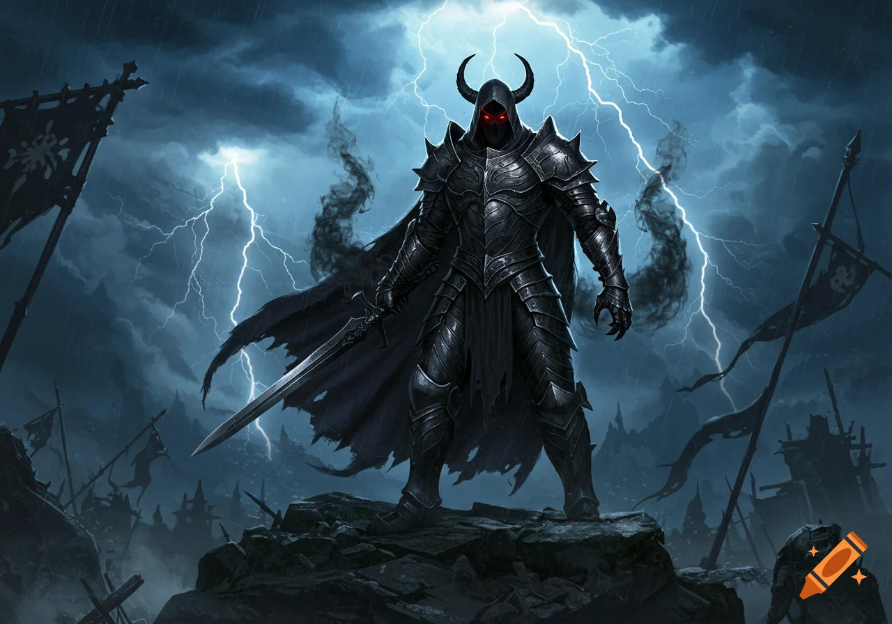 A winged demon king with red skin and horns sits on a dark throne atop ...