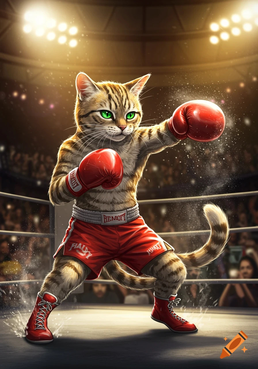 An aggressive, muscular, cartoon anthropomorphic fox in red boxing ...