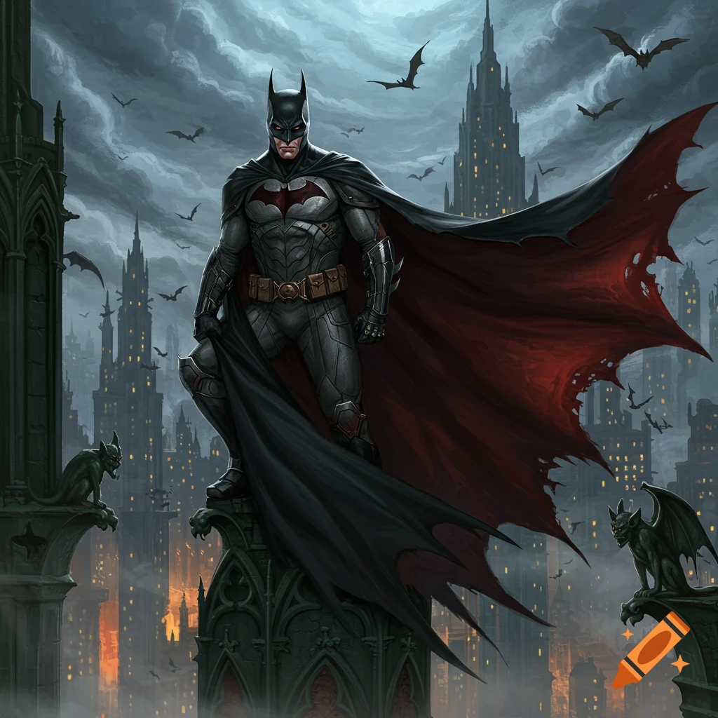 Batman dramatically playing an electric guitar on a tall skyscraper as ...