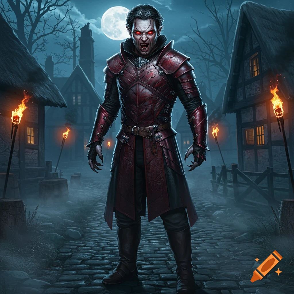 A fearsome vampire in ornate red and black armor stands in a ...