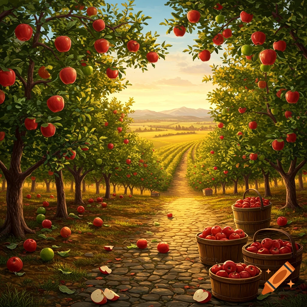 Sun-drenched apple orchard with trees laden with red apples, green ...