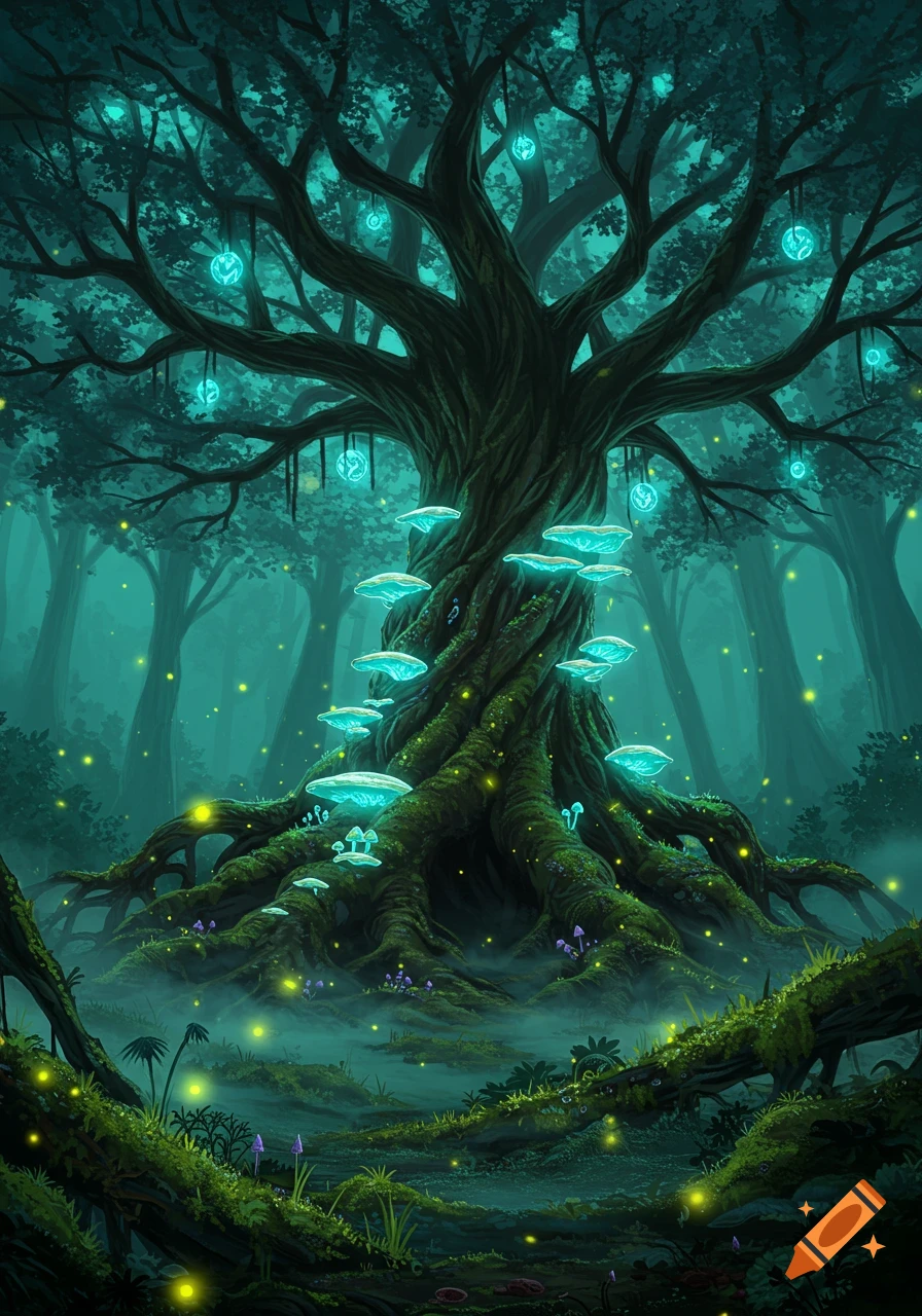 A lush, magical forest with sunlight beaming through emerald leaves, a ...