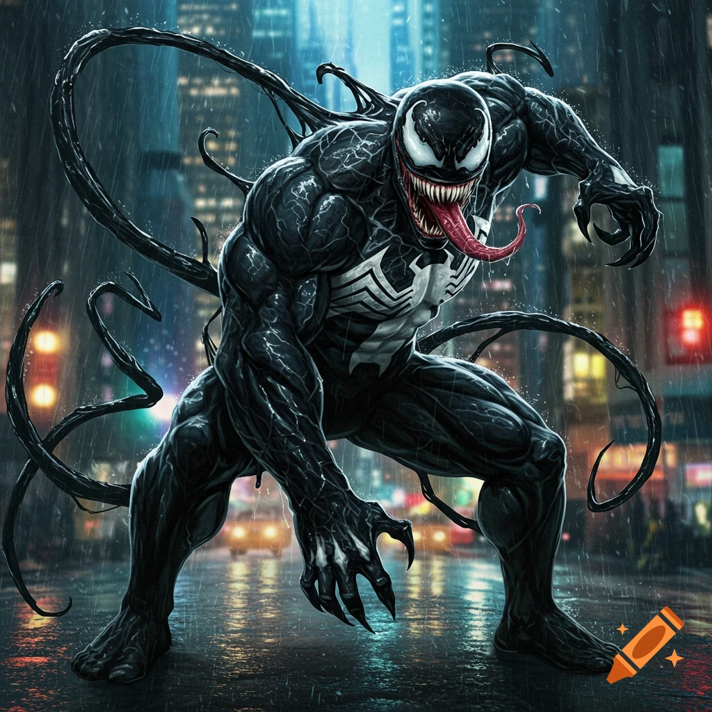 She-Venom, a black alien-suited superhero with white eyes and sharp ...