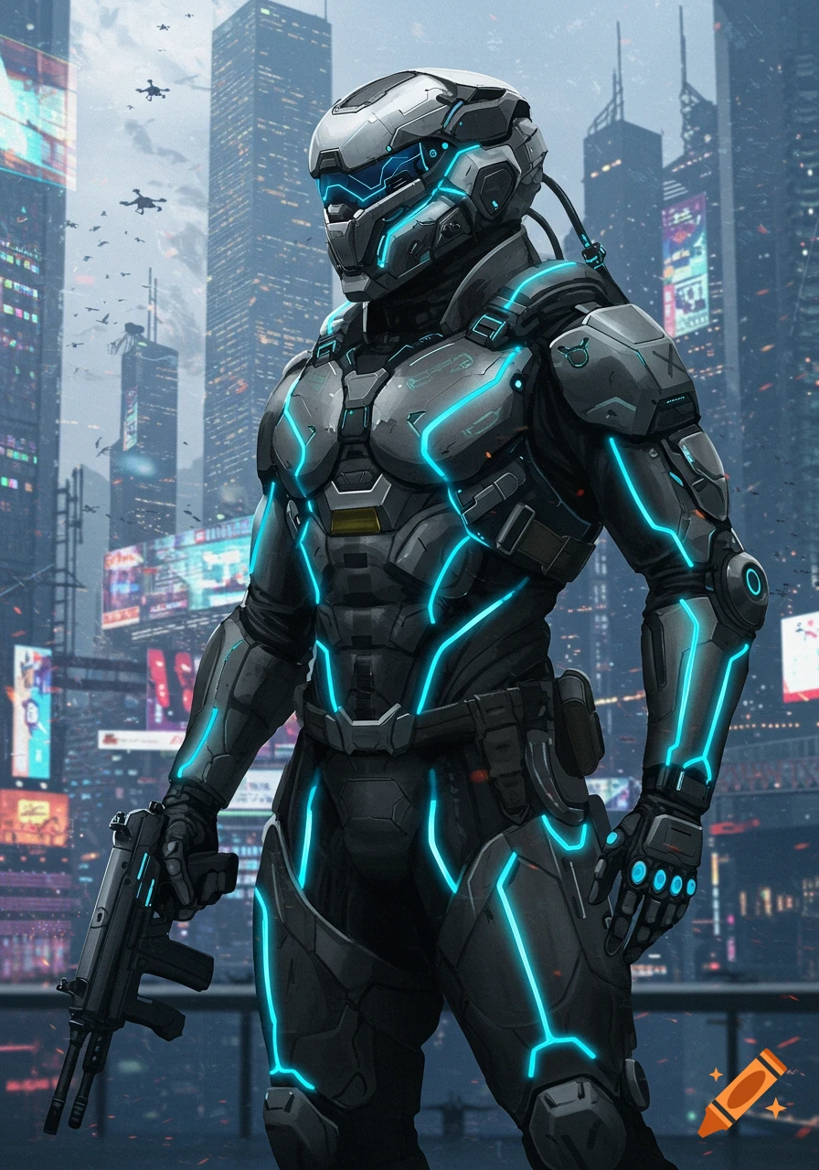 A photorealistic cyborg prison officer with glowing blue eyes, wearing ...