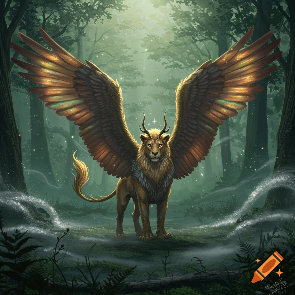 A majestic fantasy creature with deer antlers, glowing eyes, a lion ...