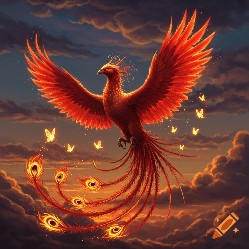 A majestic red and orange phoenix flies with outstretched wings through ...