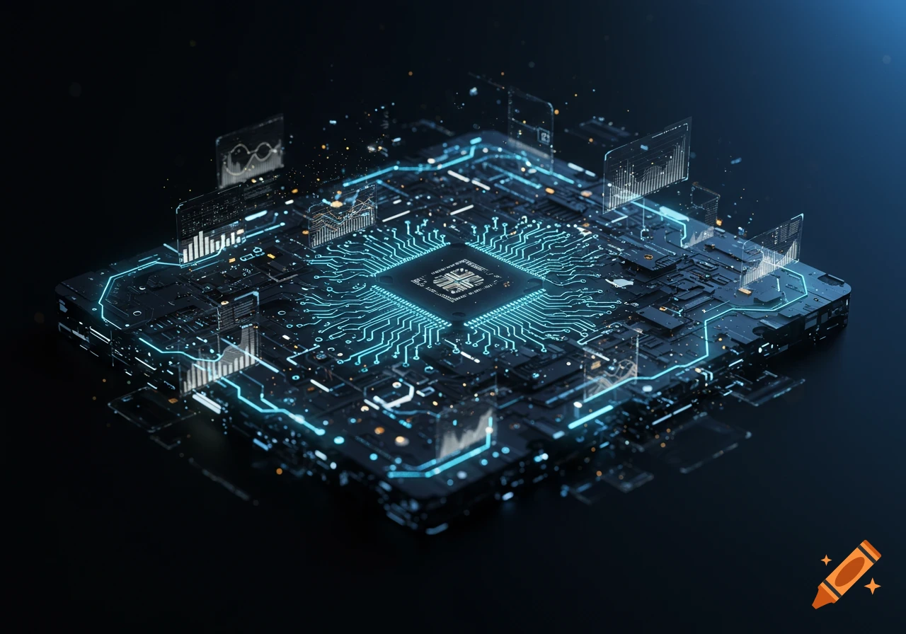 Central mechanical eye with glowing data streams, satellite, thermal ...
