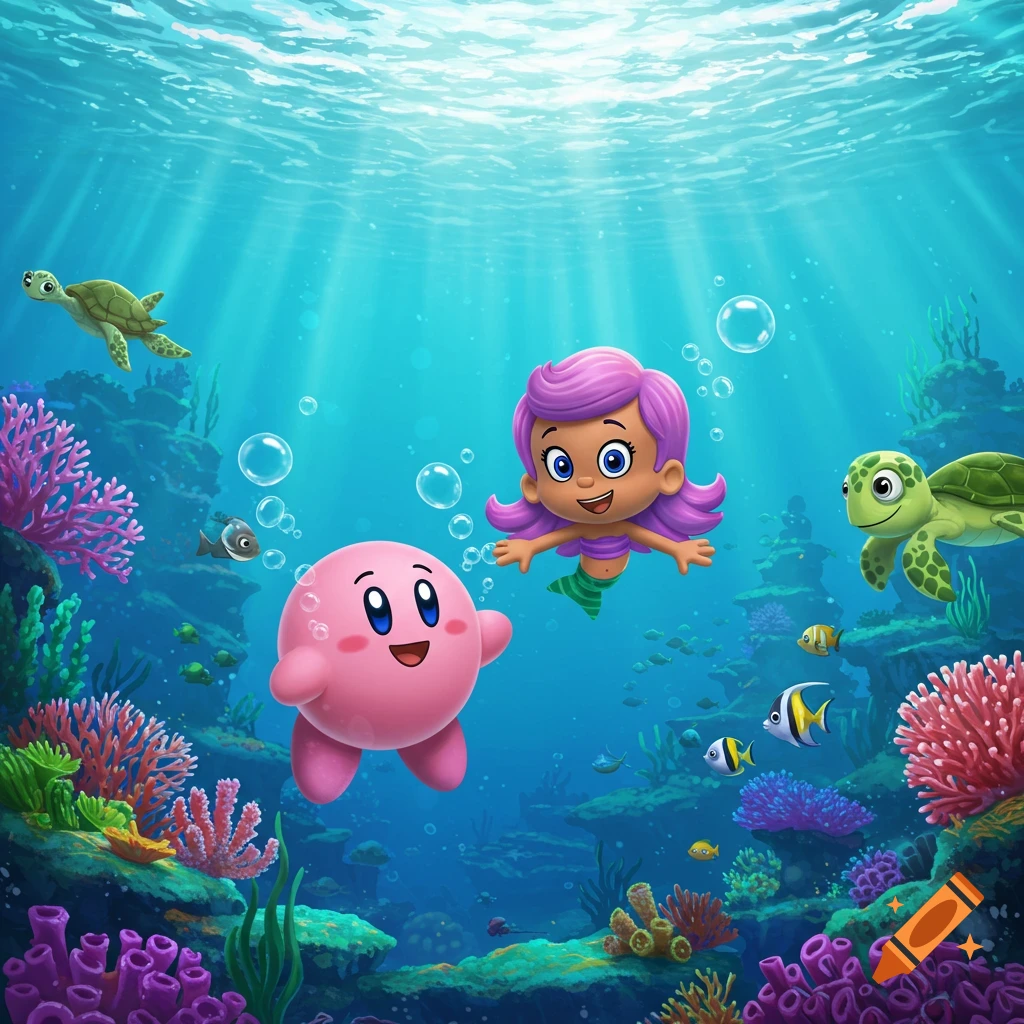 Cartoon Curious George swims with several Bubble Guppies mermaids and ...