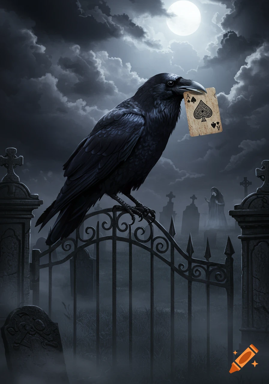 A raven perches on a grandfather clock, surrounded by lit candelabras ...