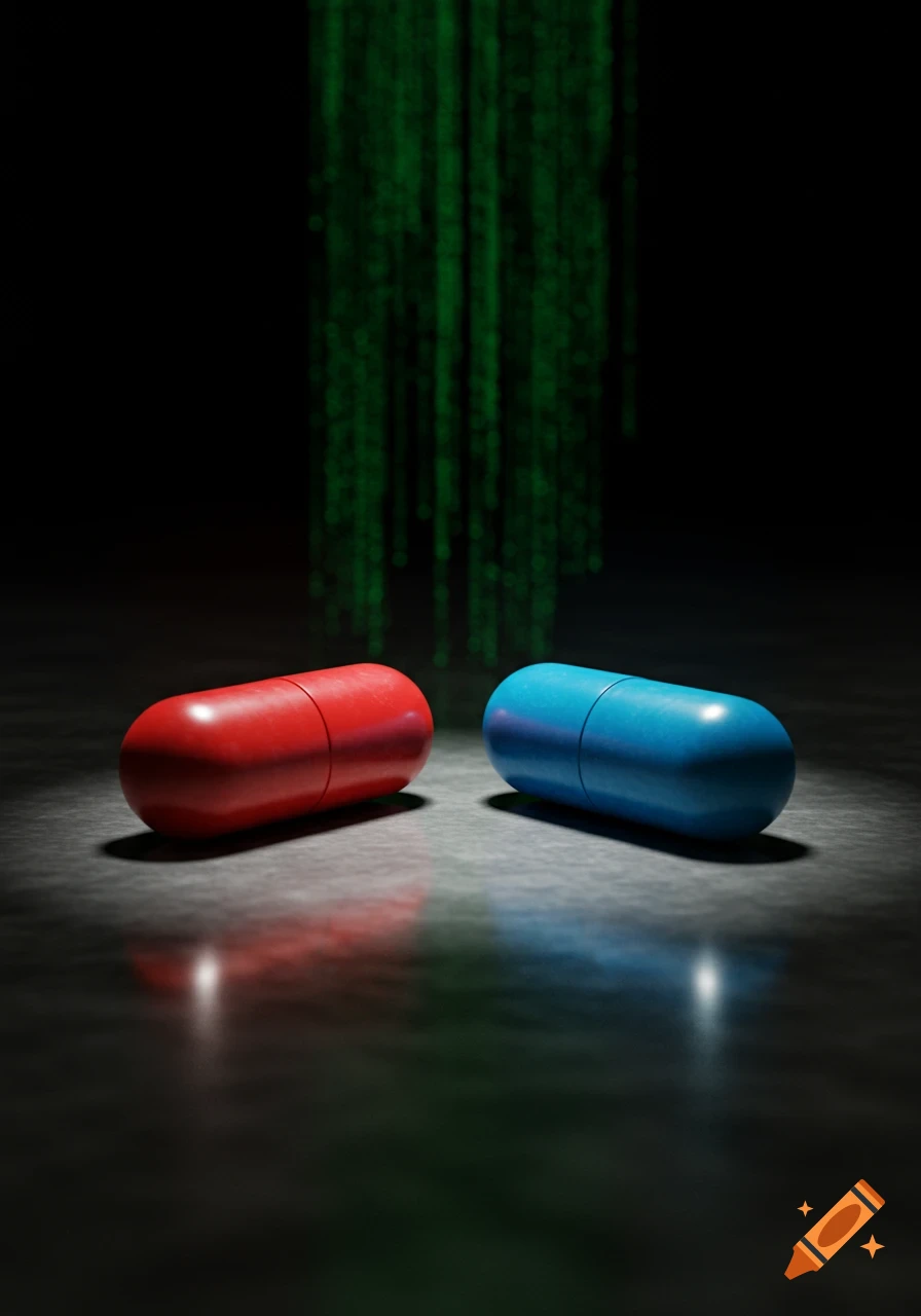 A red pill and a blue pill sit on a dark, reflective surface with ...