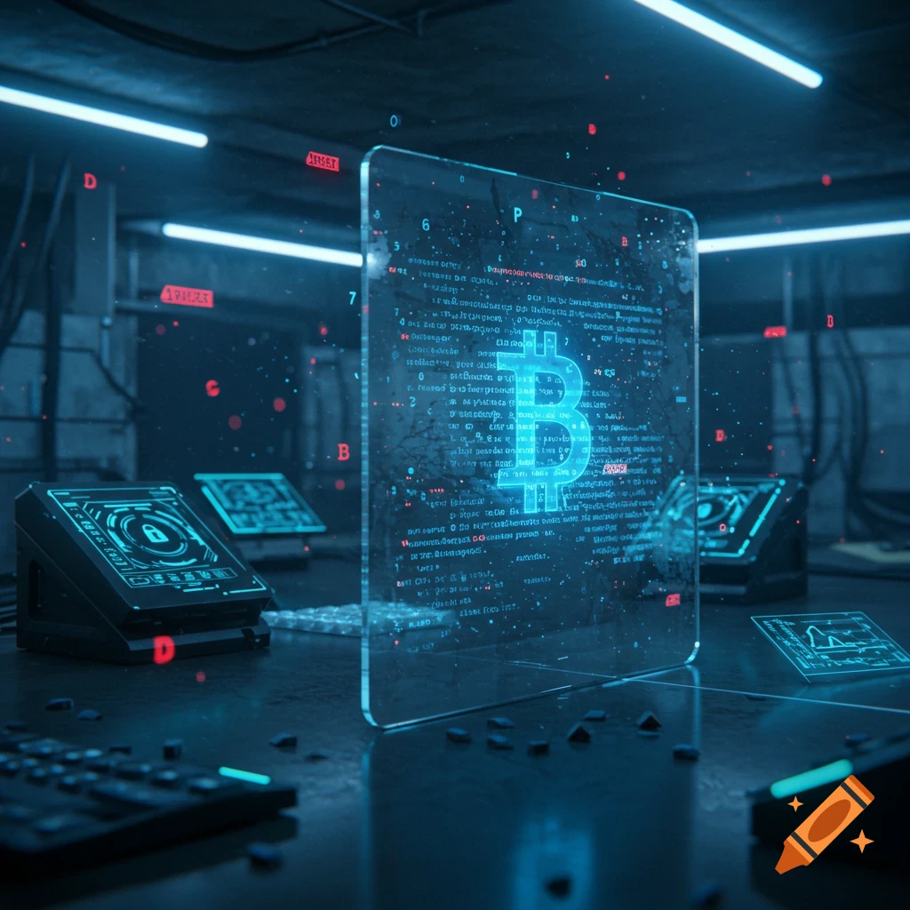 A 3D render of a laptop displaying green binary code, surrounded by ...