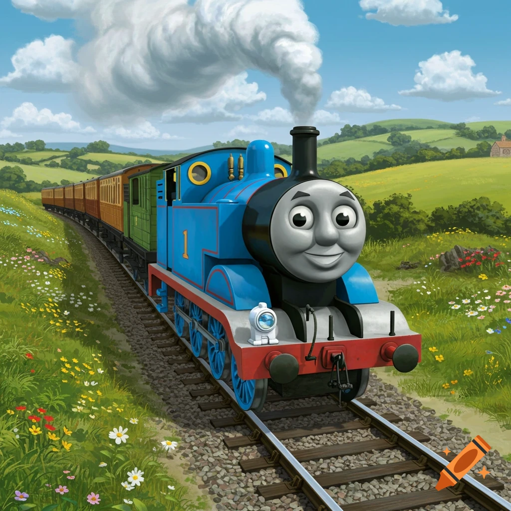 A colorful cartoon illustration of Thomas the Tank Engine, a blue train with a smiling face ...