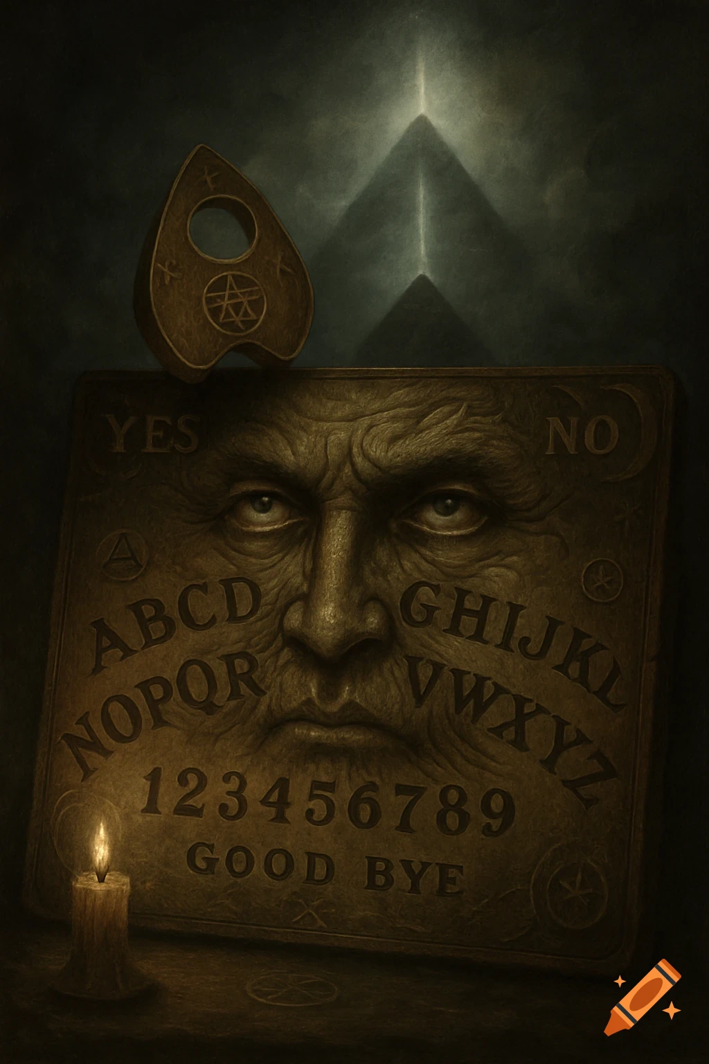 A dark fantasy crest features a grinning green monster, a candy cane ...