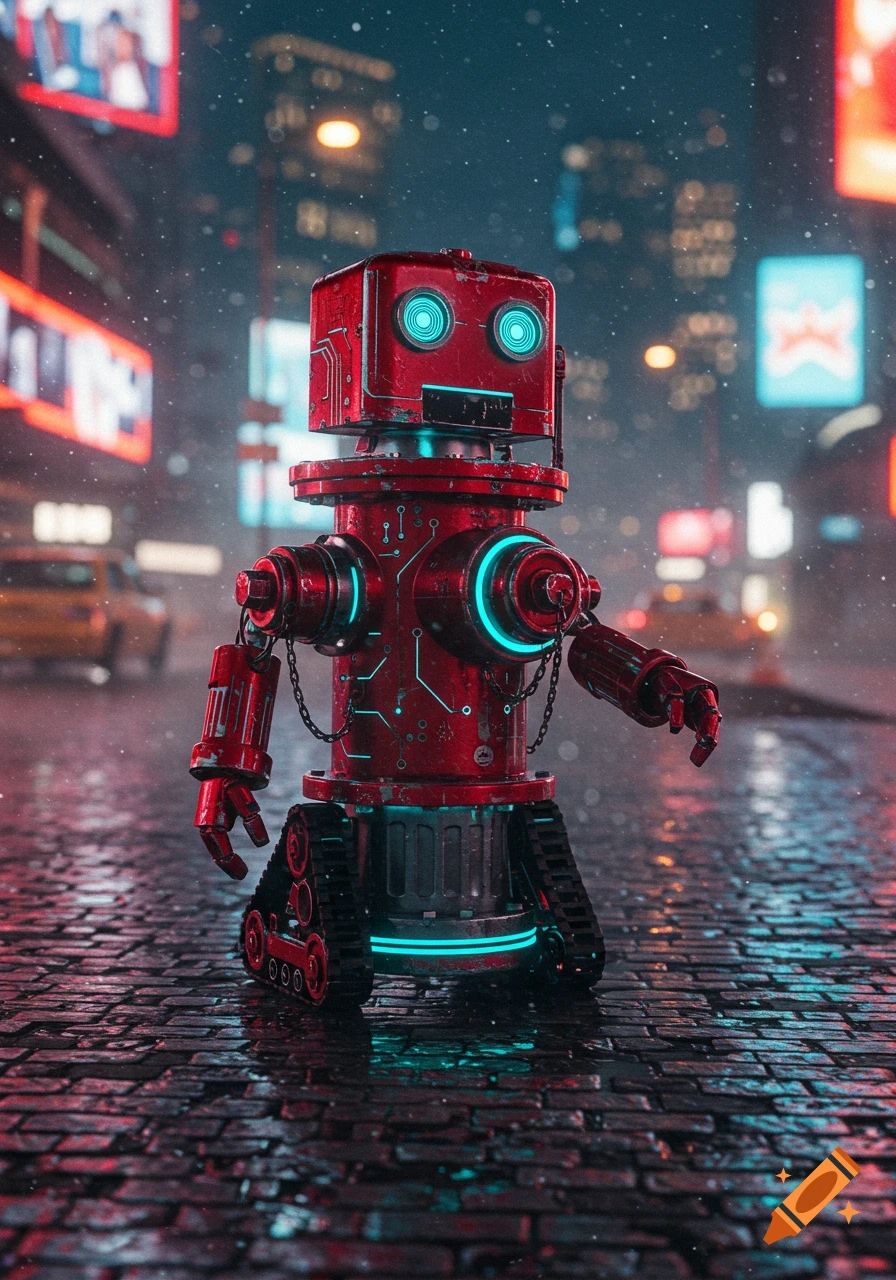 A futuristic firefighter with a glowing blue hose stands in a burning ...