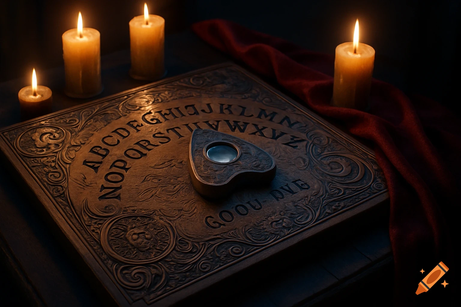 An ancient fantasy scroll with blue symbols, illuminated by a ...